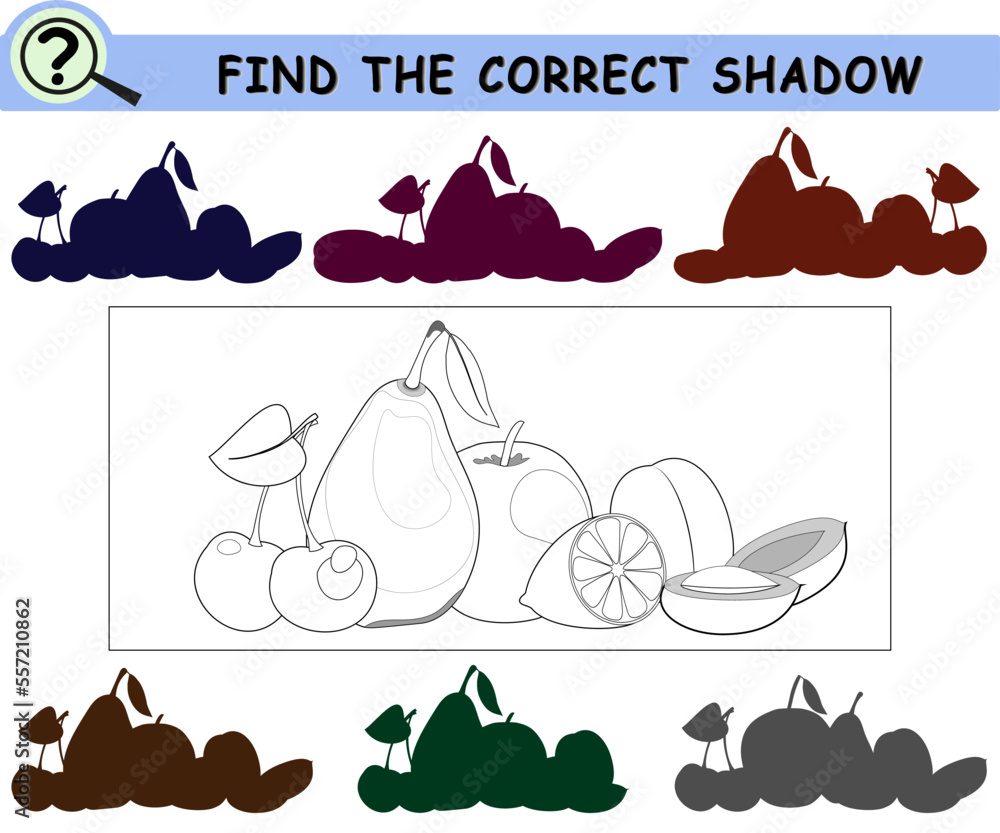Find the correct shadow of fruits. Coloring book page with logical game ...