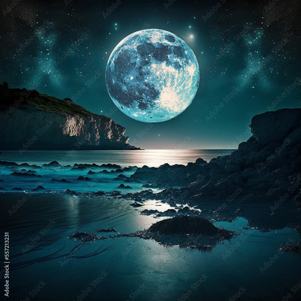 Coastal moonlight. Magical night on the sea coast, full blue moon and ...