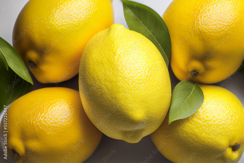 Lots of lemons. Close up lemons fruit with leafs studio photo. Lemons ...