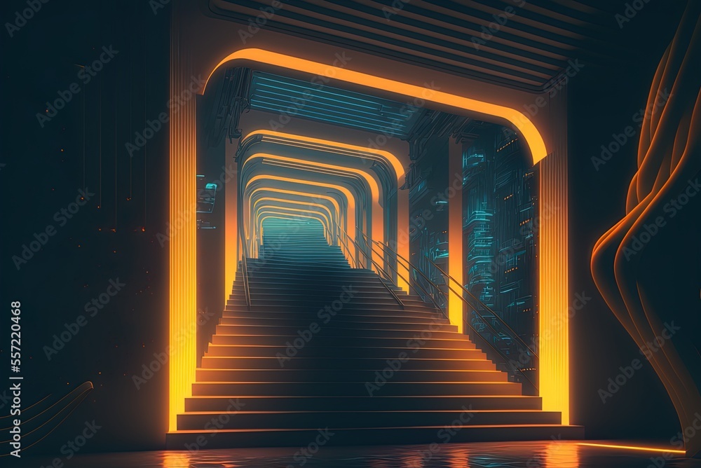 Abstract, neon-lit metropolis of the future. There is a view of the ...