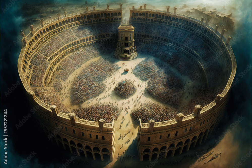 Aerial view of Roman coliseum with gladiators battling in the arena ...