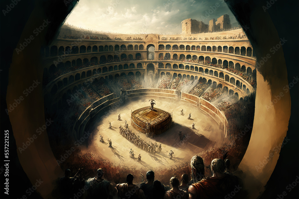 Aerial view of Roman coliseum with gladiators battling in the arena ...