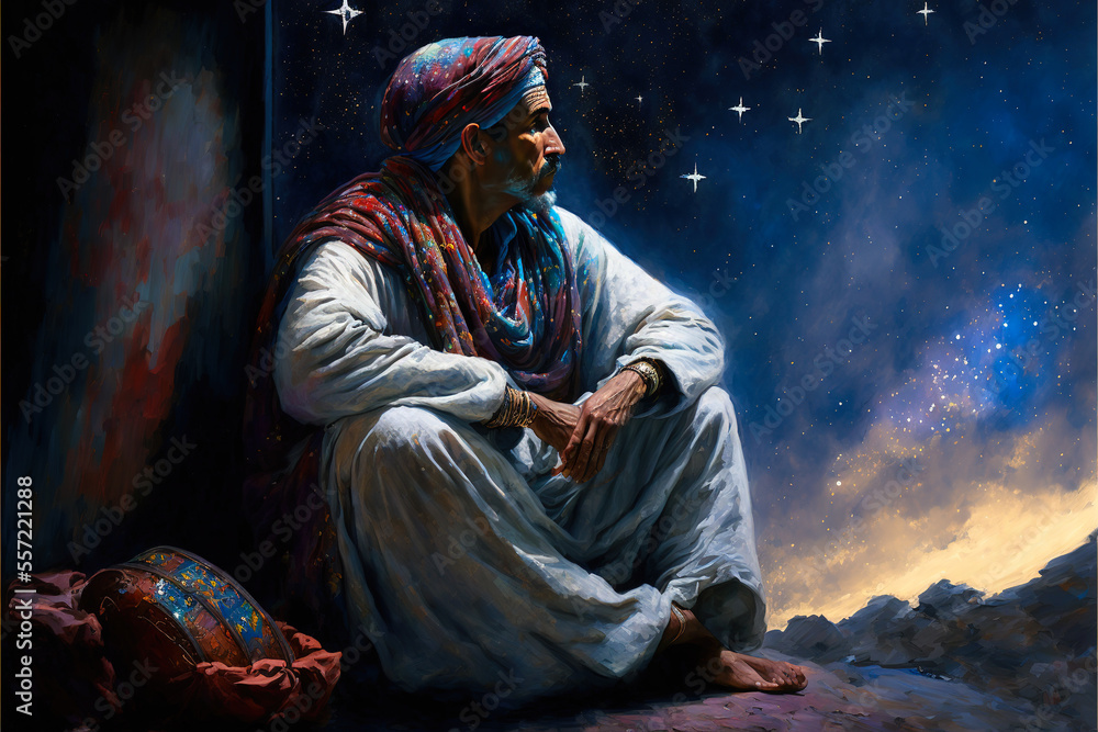 A bedouin nomadic Arab man sitting in the desert alone with stars in ...