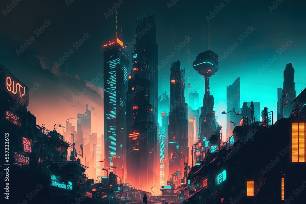 future metropolis shown in a cyberpunk aesthetic. Scenery of a neon-lit ...