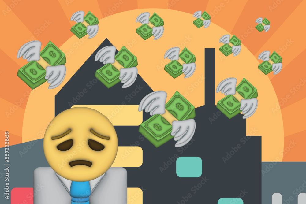 Vetor de disappointed face with tie and dollar money with wings over ...