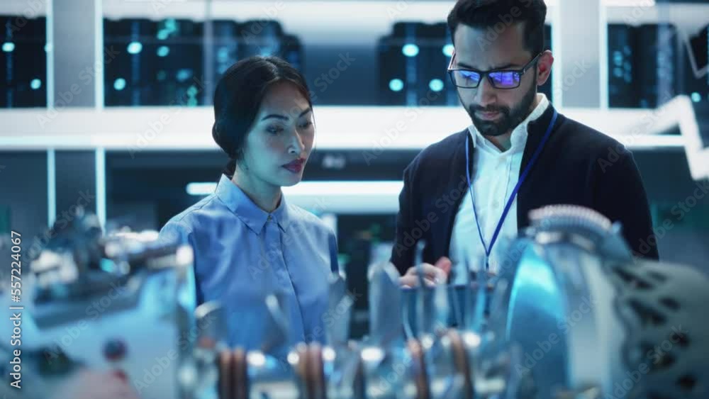 Portrait of Two Multiethnic Employees Work in Modern Research Facility ...