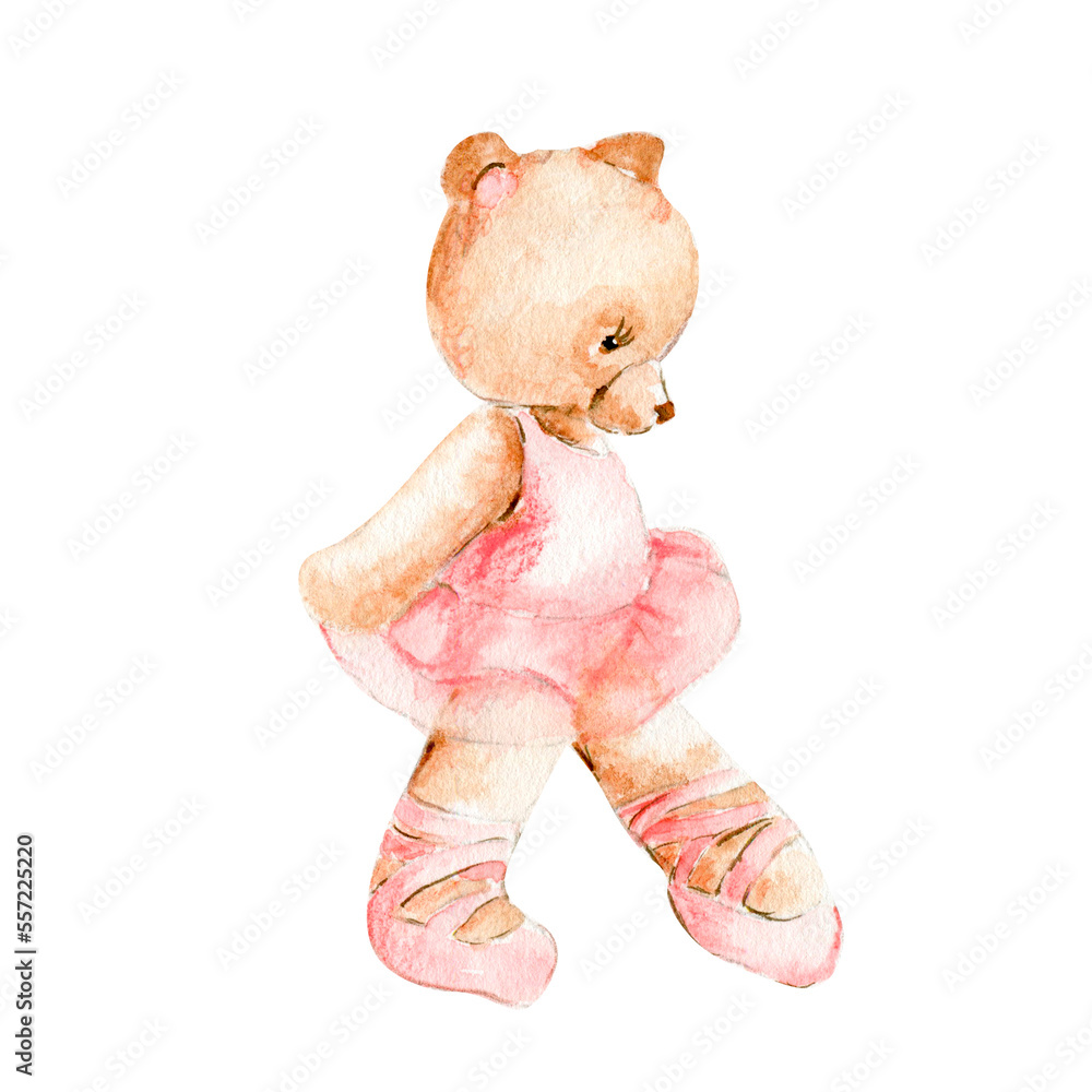 Watercolor hand drawn of brown bear ballerina in pink dress. Cute ...