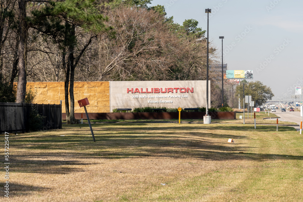 Houston, Texas, USA - March 2, 2022: Halliburton ground sign at the ...