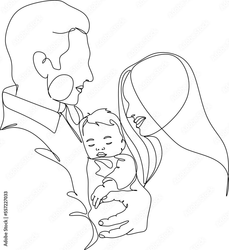 Happy family in continuous line art drawing style. United family ...