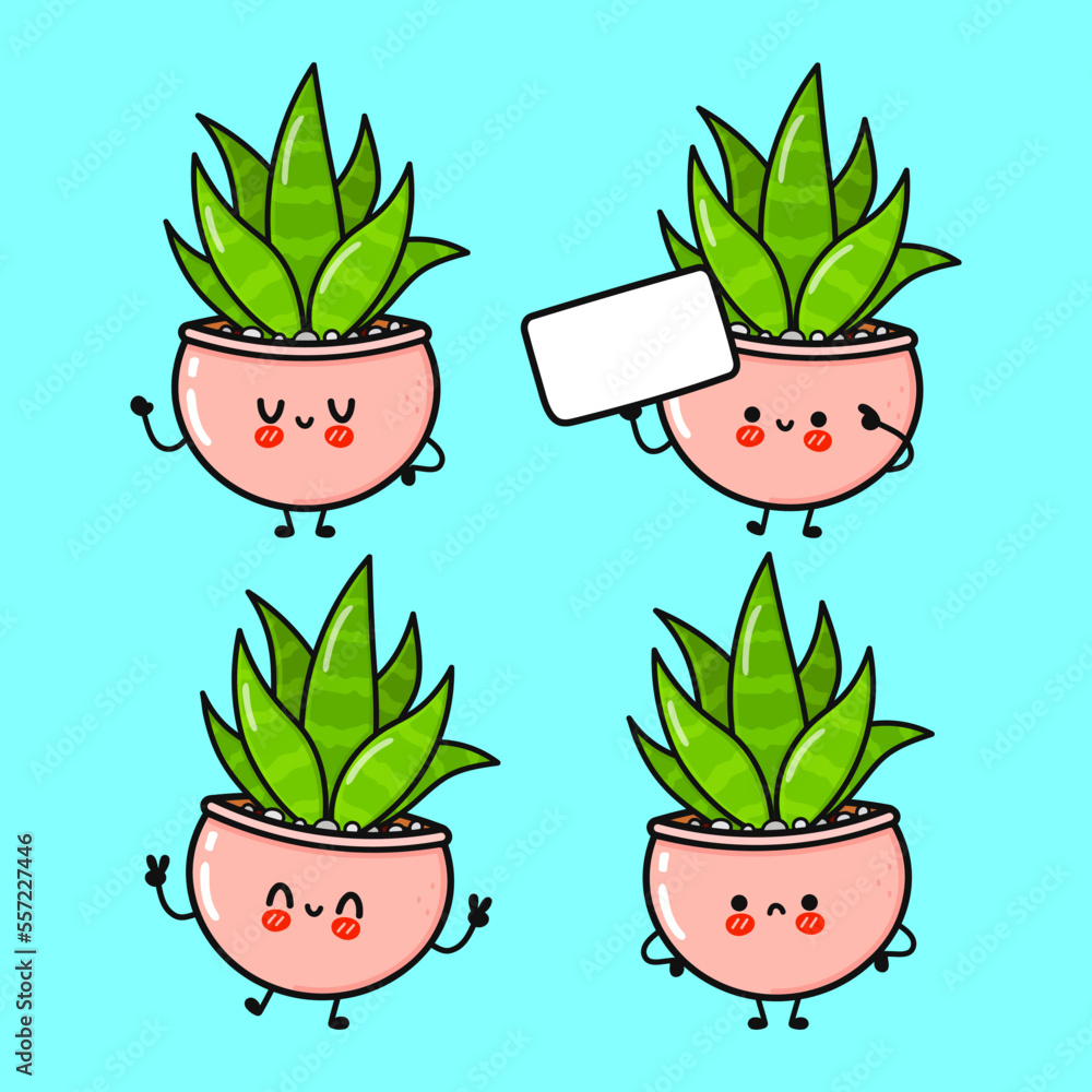 Funny cute happy indoor plant characters bundle set. Vector hand drawn ...