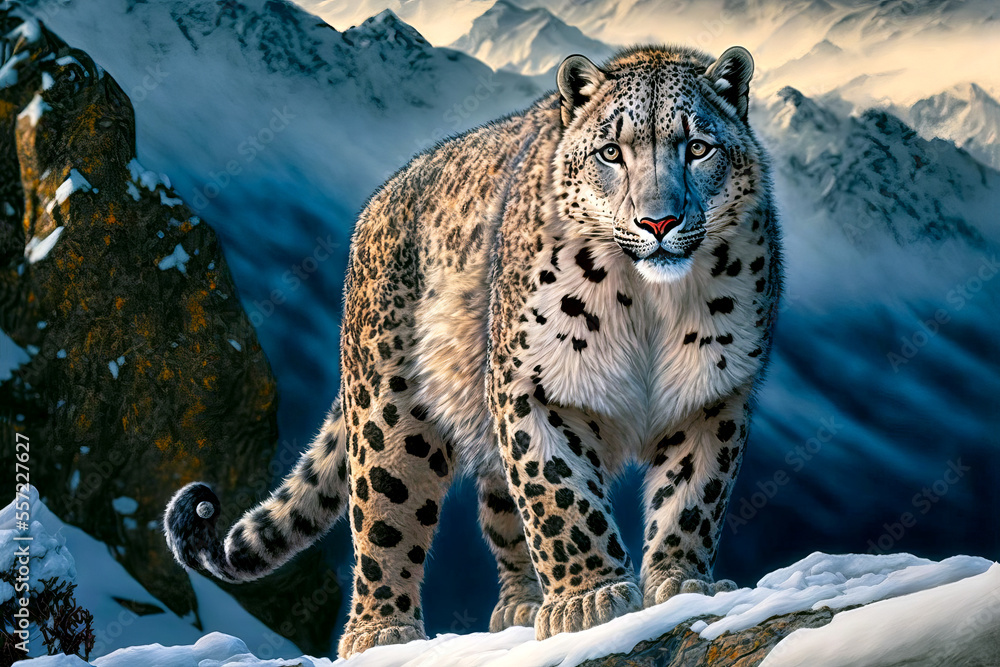 An illustration of a rare snow leopard roaming on Mount Everest at ...