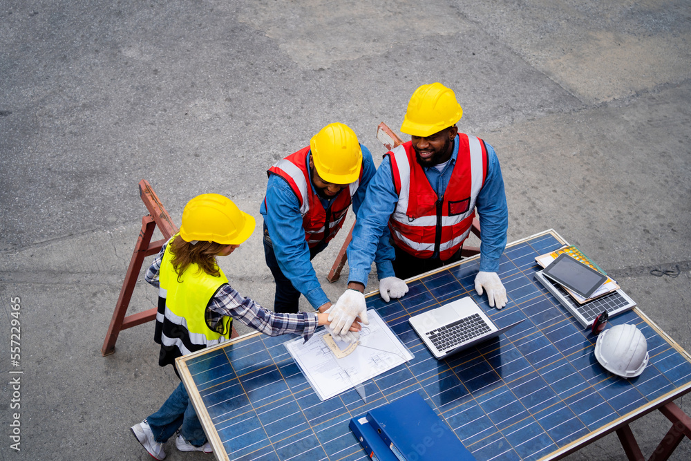 Engineer team working in container yard . Teamwork. Safety inspection ...