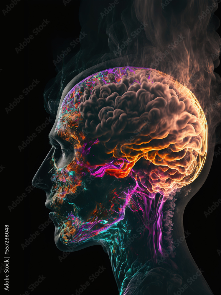 Overthinking human brain in a transparent man's head smoking because of ...