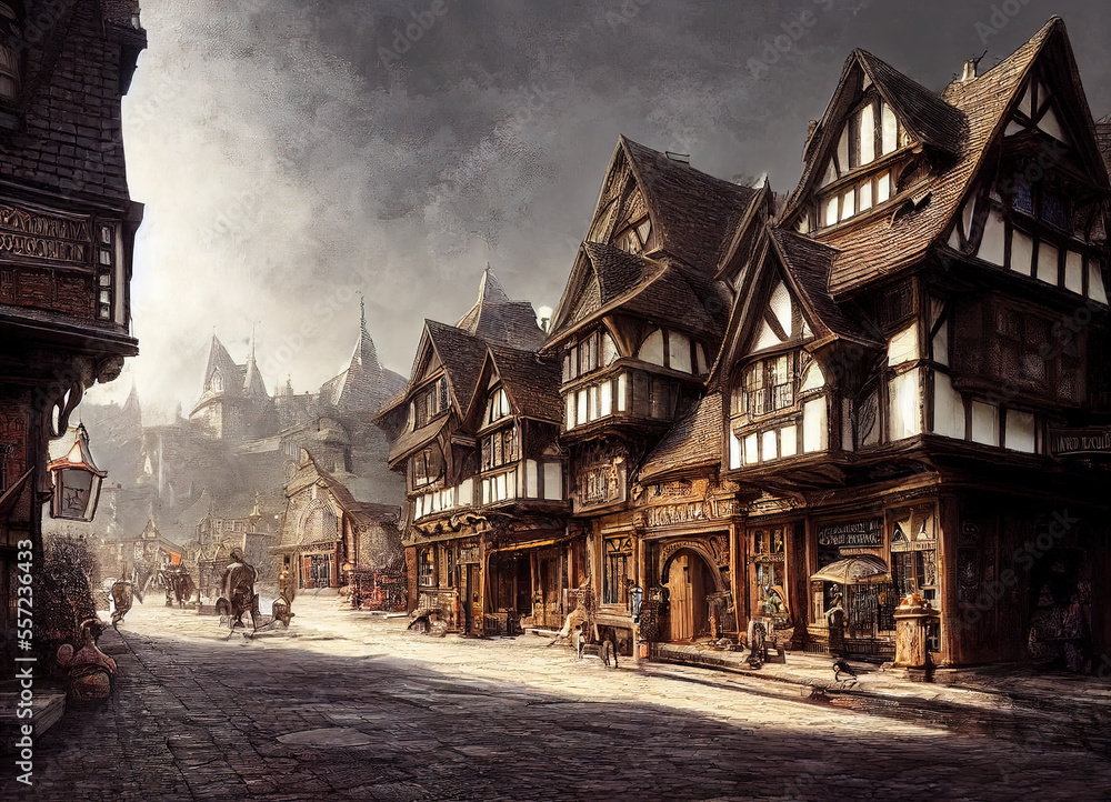 Stylized medieval buildings, architectural landscape. Gen art Stock ...