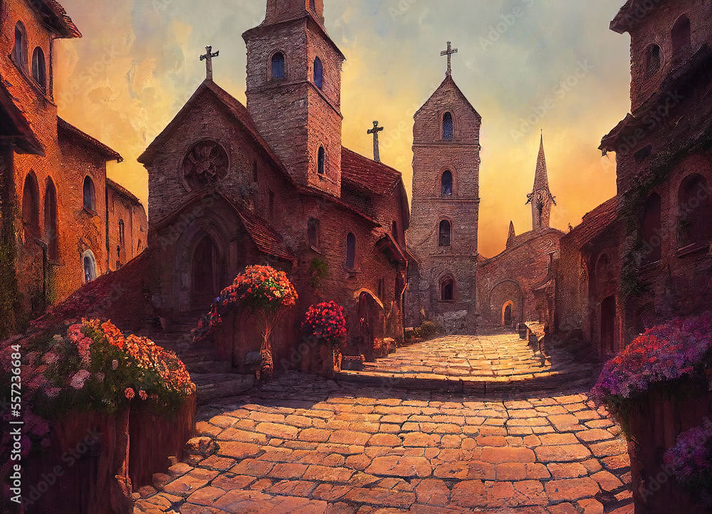 Ilustrace „Victorian Cobblestone Street. Facades of houses in colonial ...