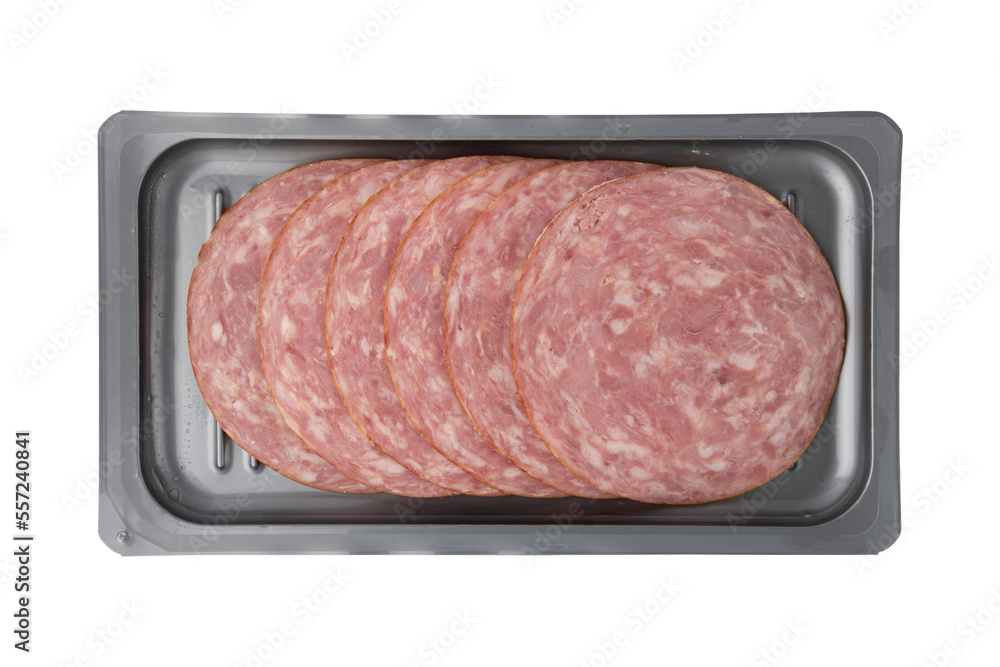 ham cut into pieces isolated on white background, sliced ham in plastic ...