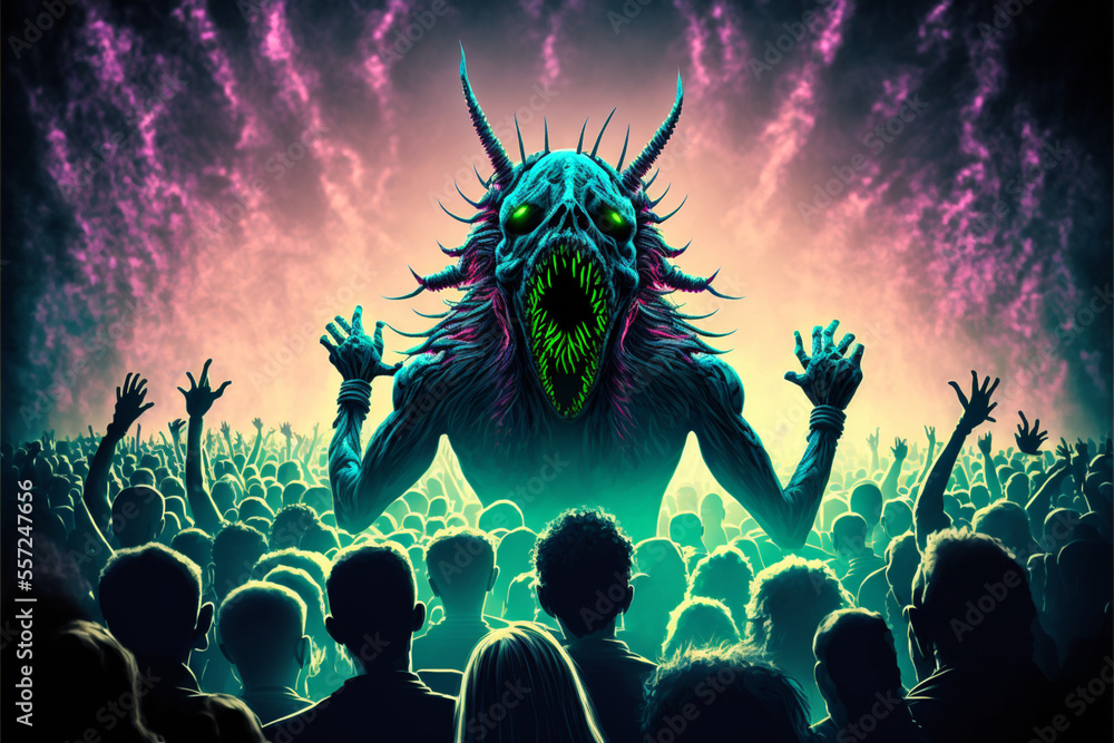 Nightmare alien monsters at the concert having fun. Overview of a crowd ...