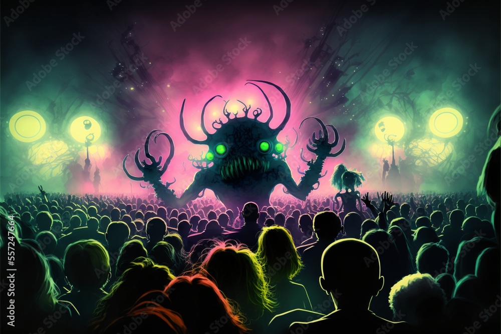 Nightmare alien monsters at the concert having fun. Overview of a crowd ...