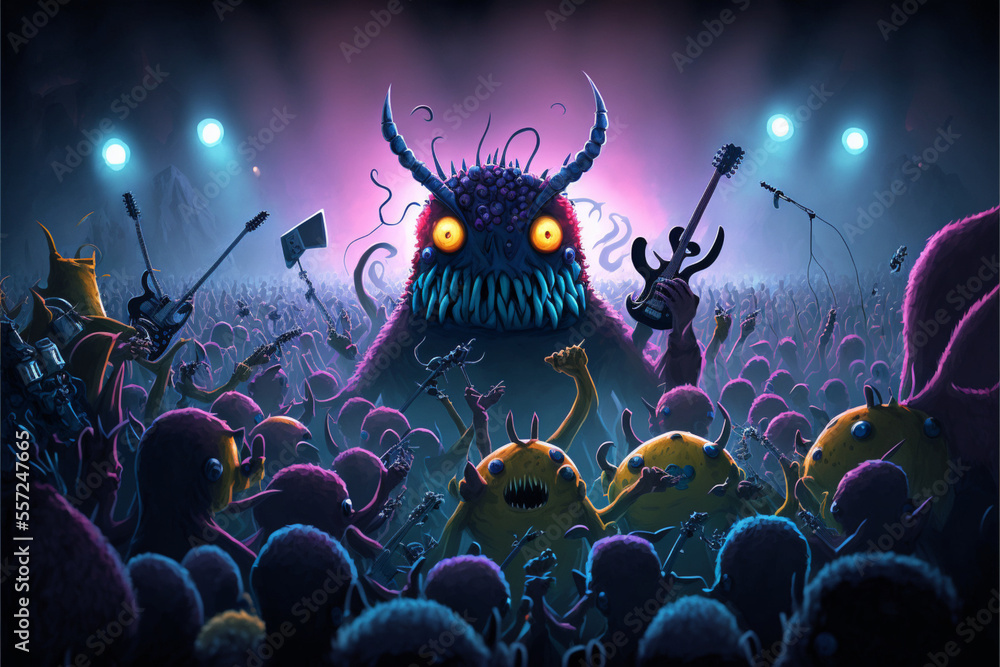 Nightmare alien monsters at the concert having fun. Overview of a crowd ...