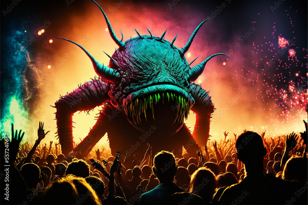 Nightmare alien monsters at the concert having fun. Overview of a crowd ...