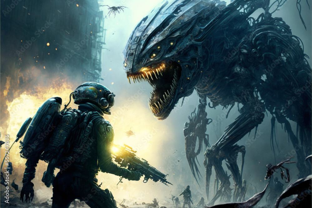 Post-apocalyptic battle between humans and alien monsters. Futuristic ...