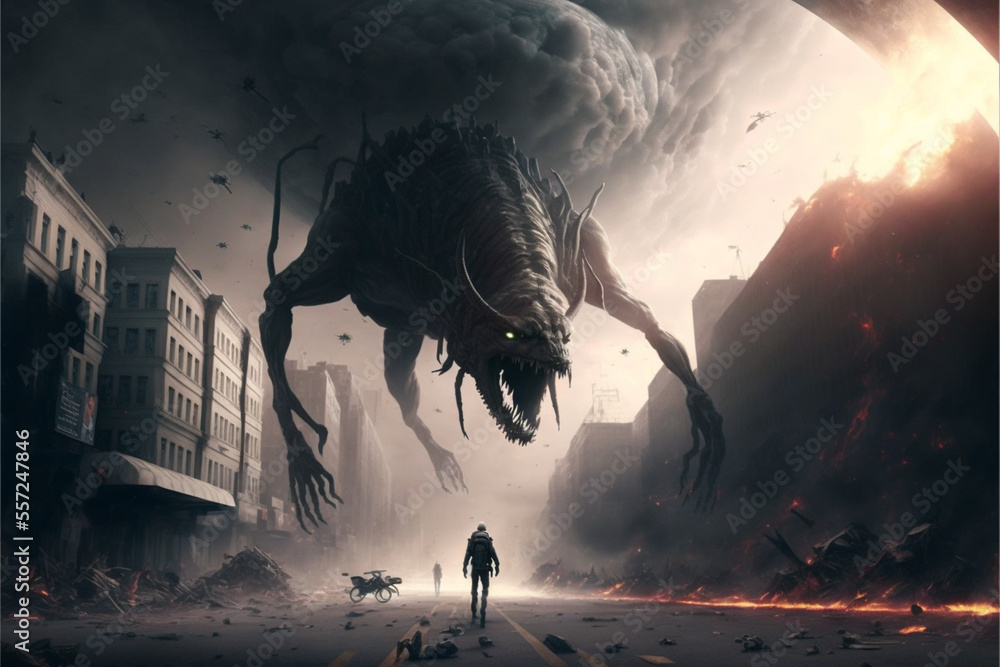 Post-apocalyptic battle between humans and alien monsters. Futuristic ...