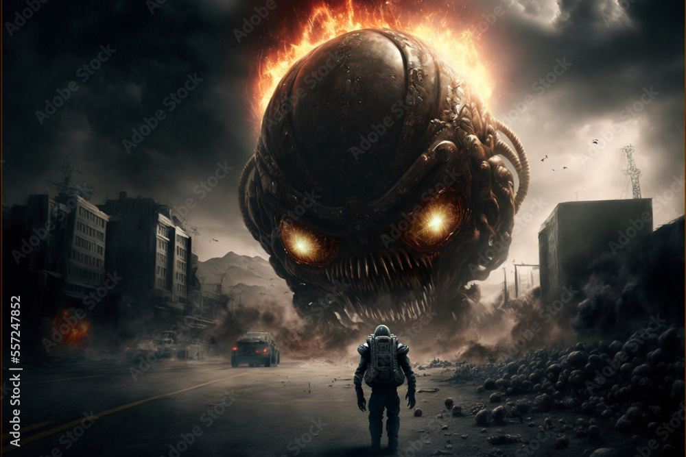 Post-apocalyptic battle between humans and alien monsters. Futuristic ...