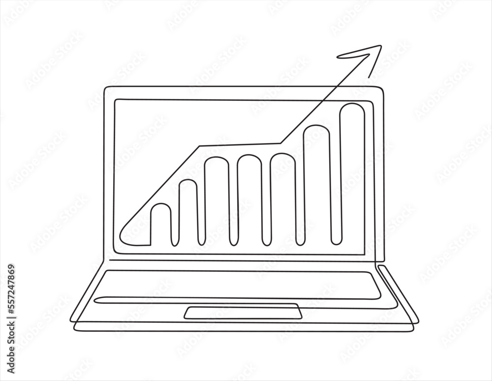 continuous one line vector drawing of laptop with graph and up arrow ...