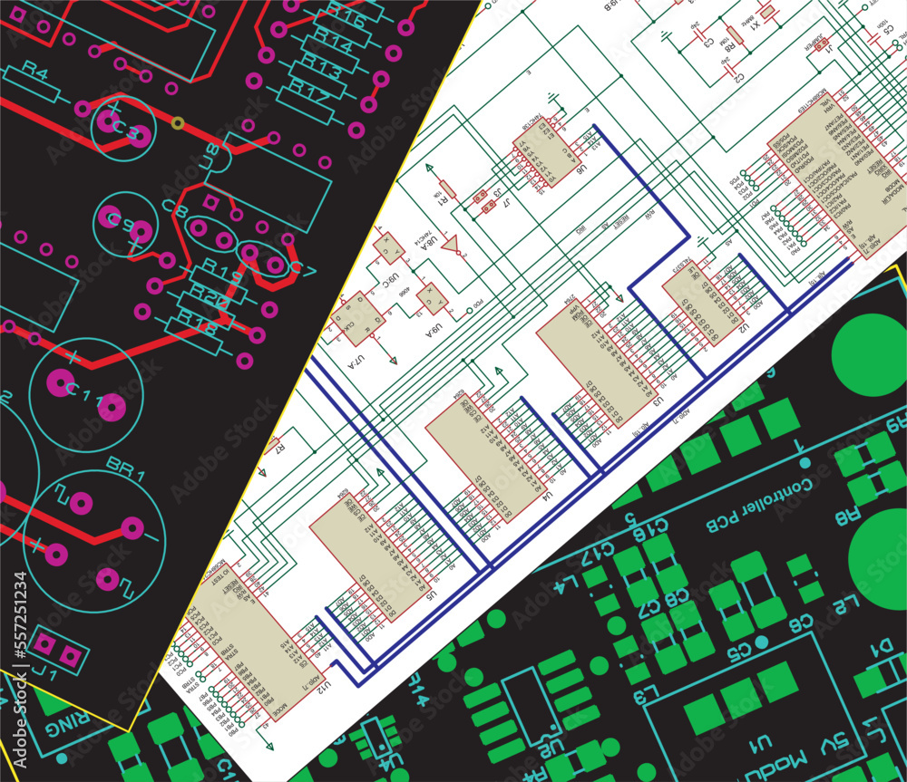 Schematic background. Drawings of electronic device. Design documentation. Vector electrical ...