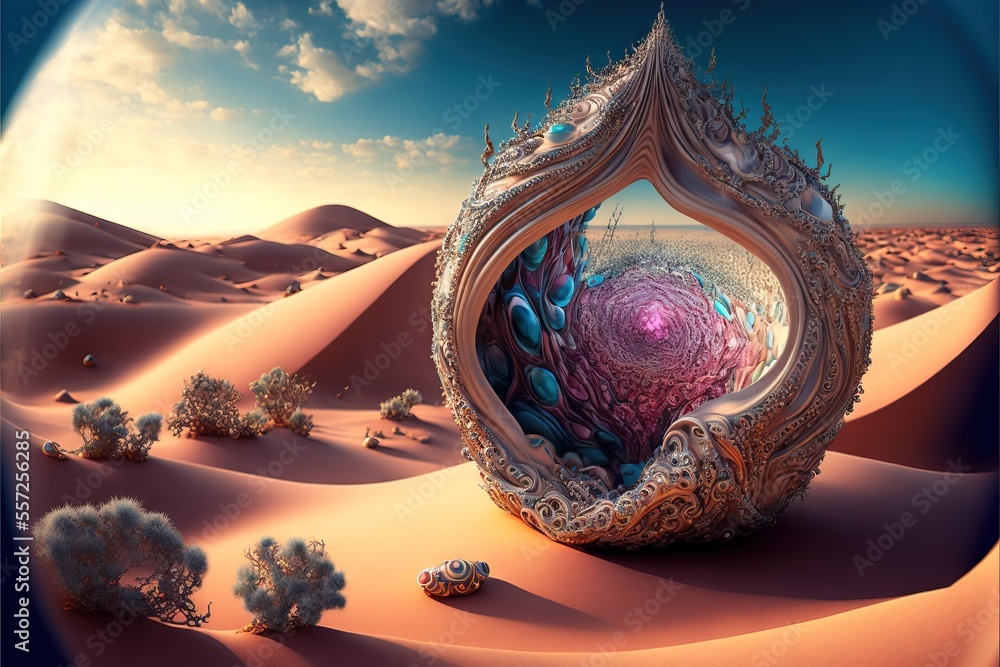 a surreal picture of a desert with a strange structure in the middle of ...