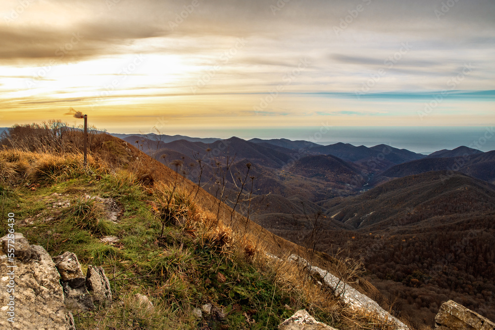 View at dawn from the top of Mount Peus in the North-Western Caucasus ...