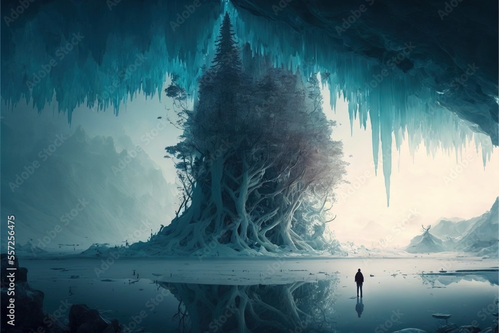 a man standing in front of a tree with ice hanging from it's roots and ...