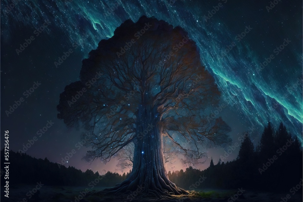 a tree with a sky full of stars and the night sky behind it is lit up ...