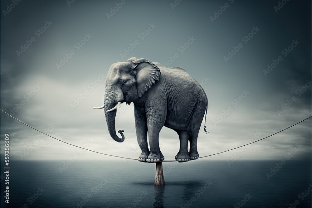 an elephant balancing on a tight rope over the ocean water with a sky ...