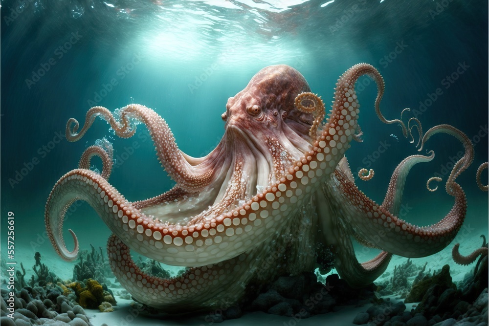 an octopus is swimming in the ocean with its tentacles stretched out to ...