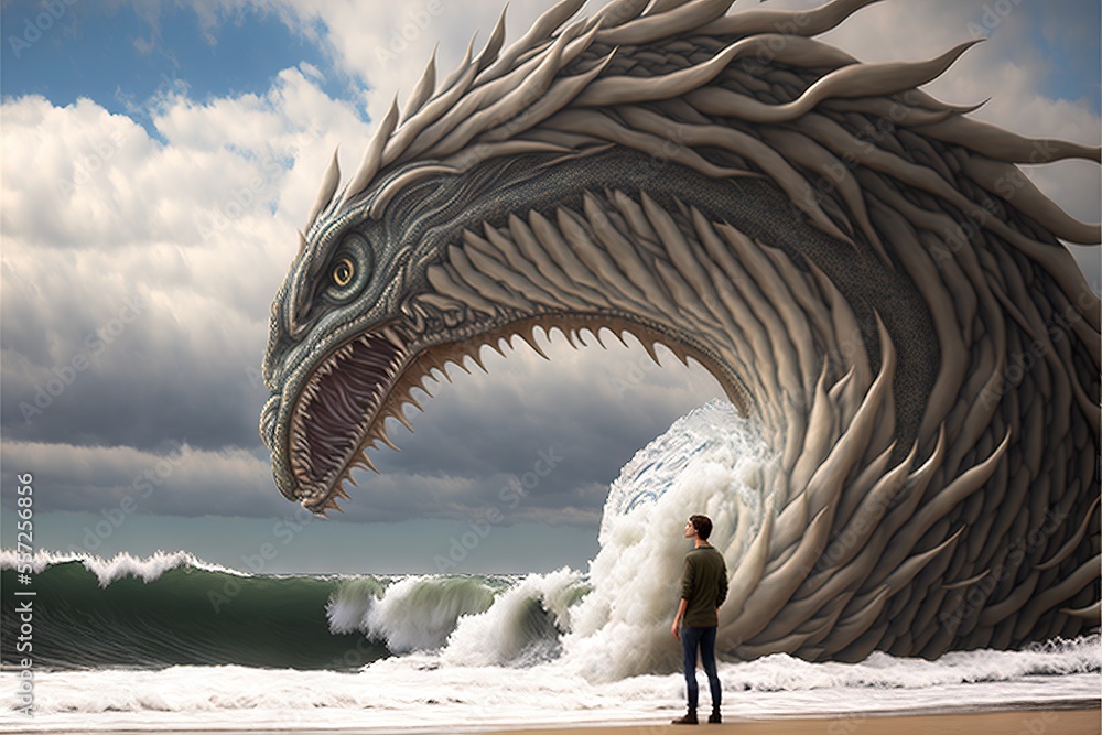 a man standing on a beach next to a giant dragon statue in the ocean ...