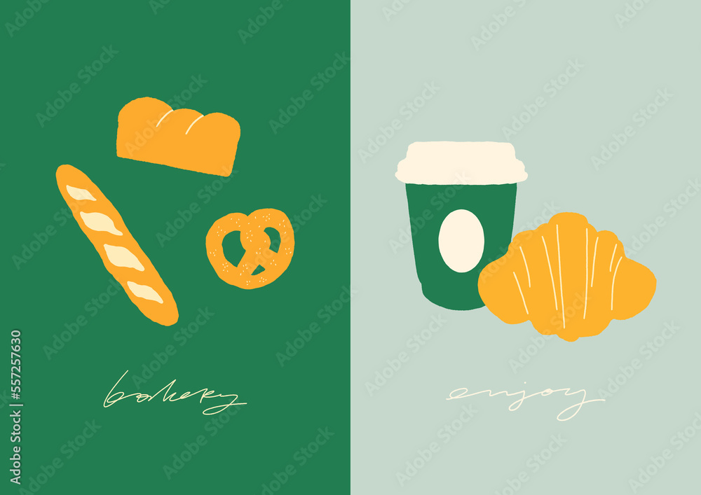 Bakery hand drawn illustrated cards. Flat vector bakery products ...