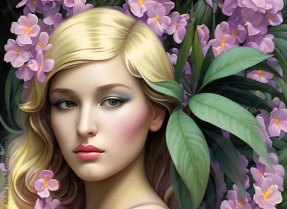 Ilustración de chica rubia con maquillaje entre flores y vegetación ...