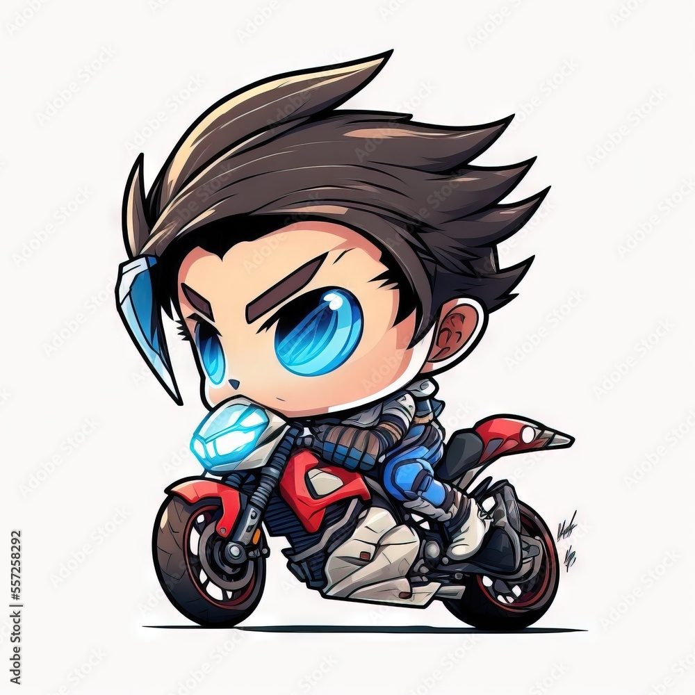 a cartoon character riding a motorcycle with blue eyes and a helmet on ...
