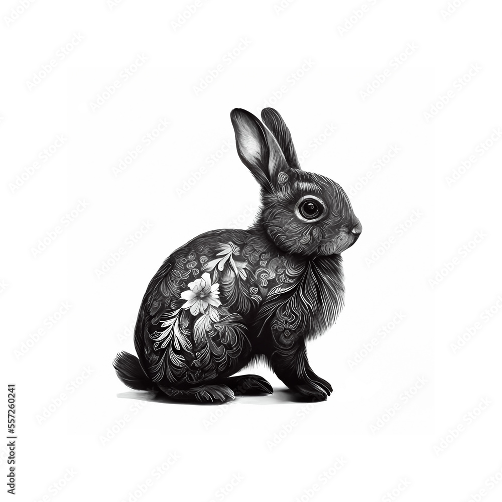 Cute Rabbit with floral patterns in gzhel style. Symbol of New Year ...