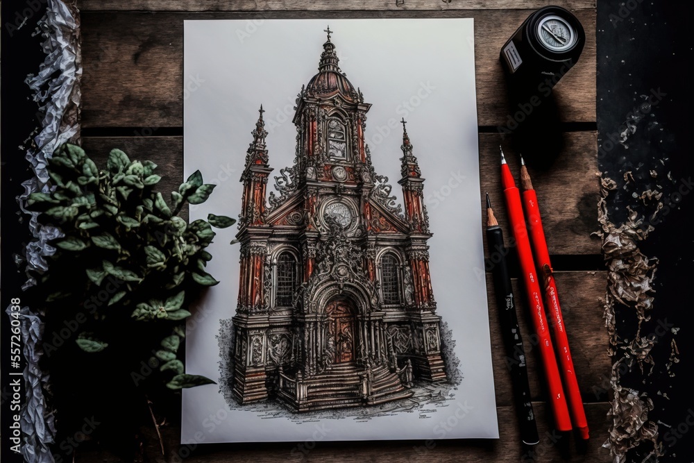 a drawing of a church tower on a piece of paper next to a pencil and a ...