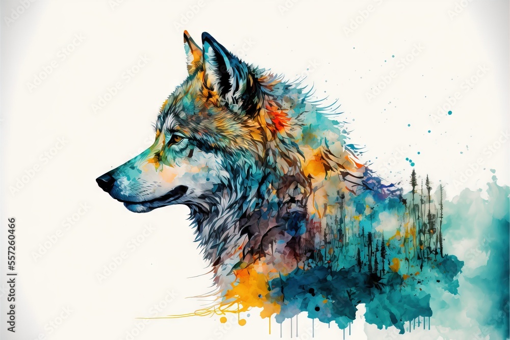a wolf is shown in a watercolor painting style with a white background and a blue sky behind it ...