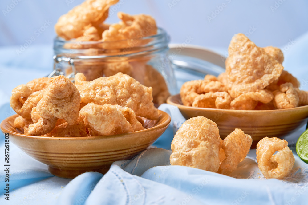 Pork rinds also known as chicharon or chicharrones, deep fried pork ...