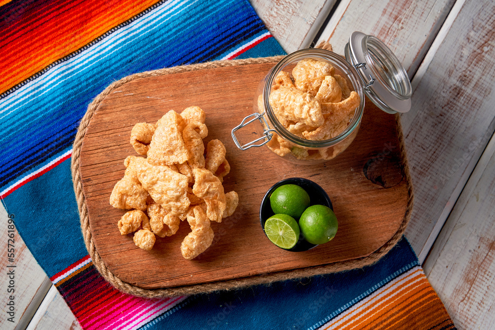 Pork rinds also known as chicharon or chicharrones, deep fried pork ...