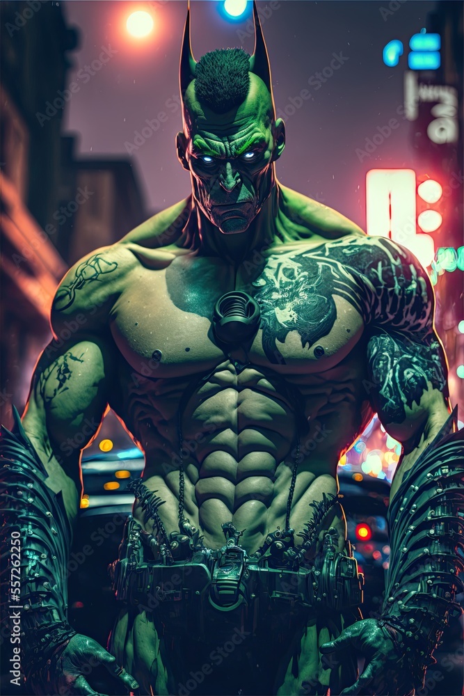Humanoid green bodybuilder mutant in a cyberpunk city, character design ...