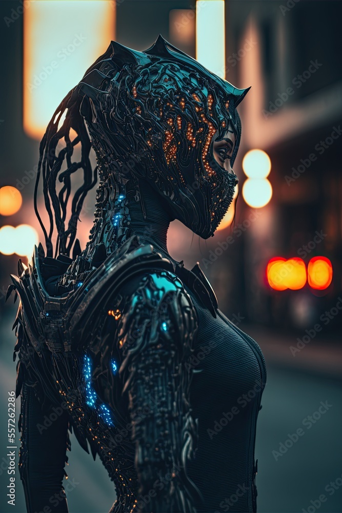 Humanoid alien mutant woman in a cyberpunk city, character design ...