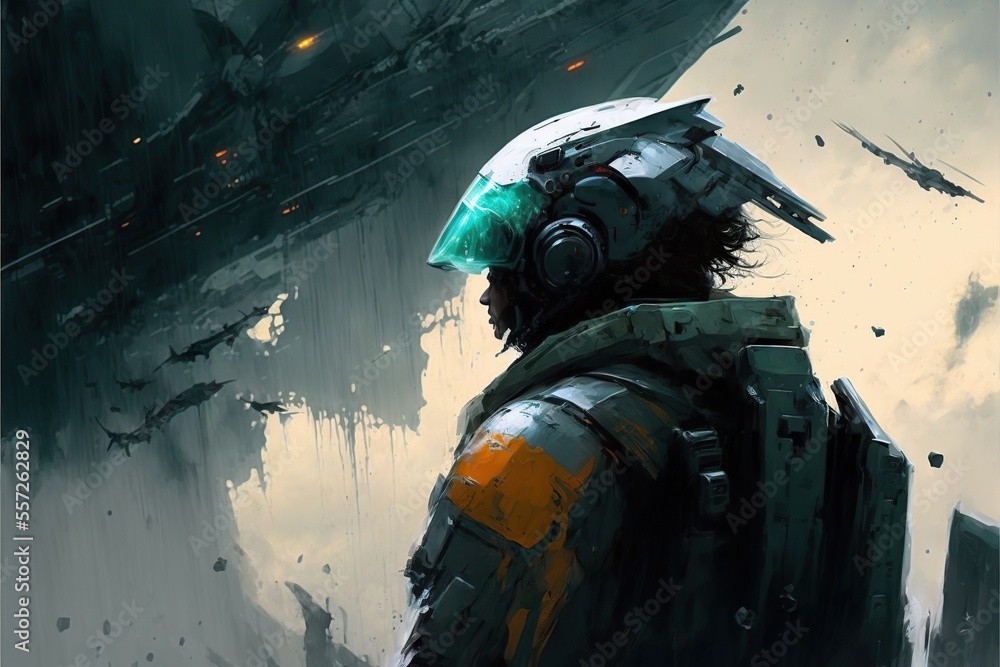 Science fiction action painting of pilot and spaceship Stock ...