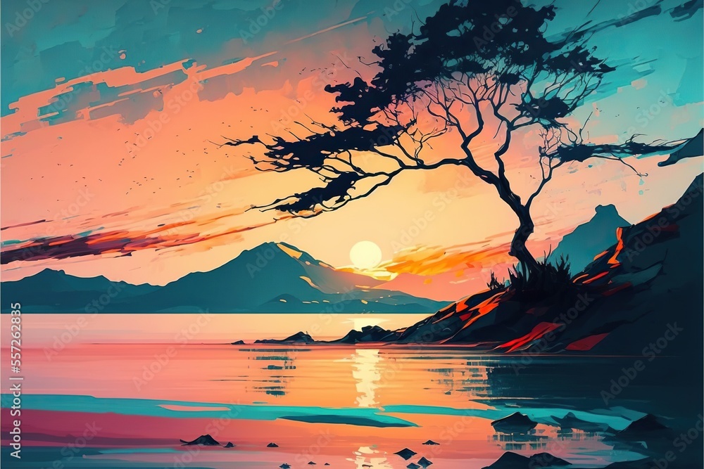 Simple tempera style painting of a tree nature landscape ilustración de ...