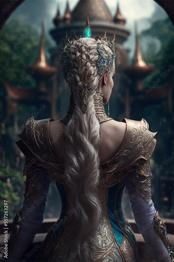 Back view of fantasy queen looking out on her kingdom Stock ...