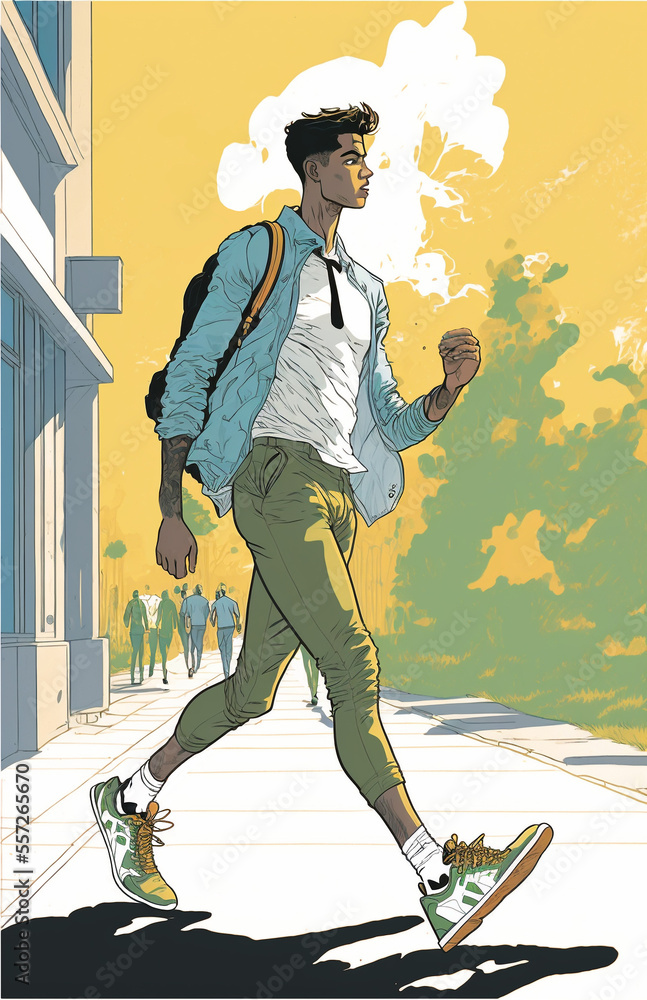 Young black man casually dressed walking in a city street. Cartoon ...